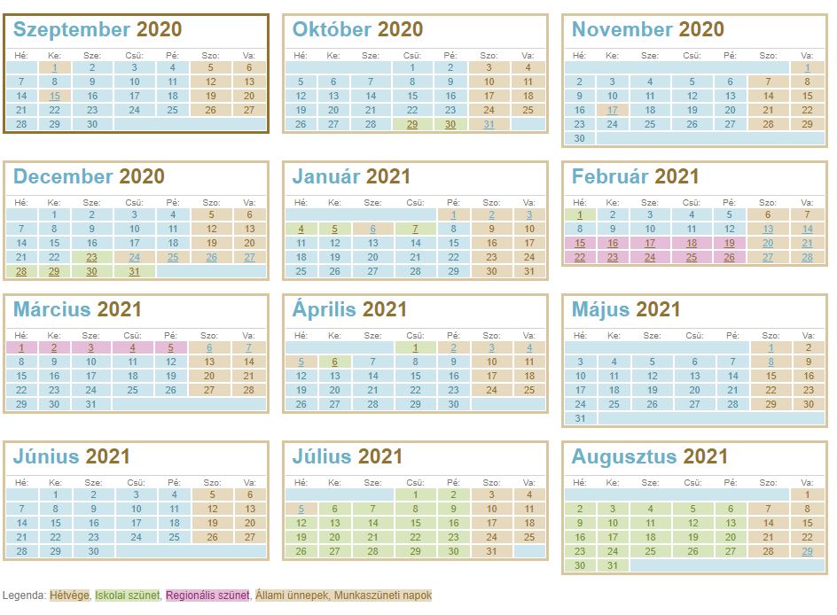 Iskolai naptár 2020-21 | Magyar Iskola
